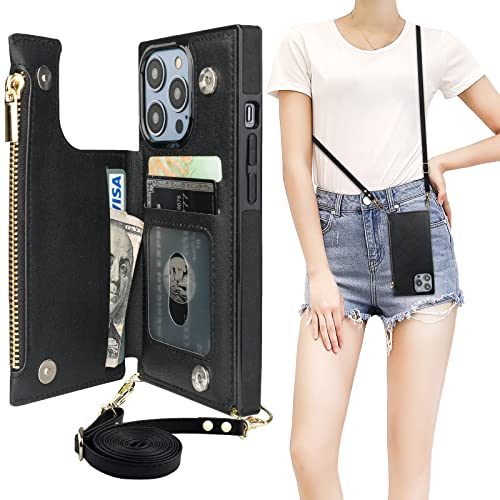 Bocasal Crossbody Wallet Case for iPhone 14 Pro with RFID Blocking Card Slot Holder, Magnetic Flip Folio Purse Case, PU Leather Zipper Handbag with Detachable Lanyard Strap 6.1 Inch 5G (Black)