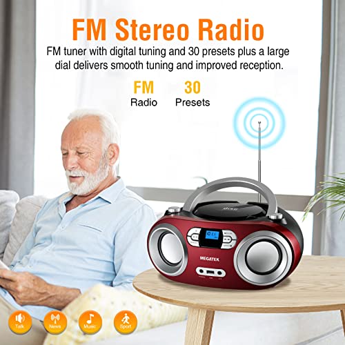 MEGATEK Portable CD Player Boombox with FM Radio, Bluetooth, USB, Aux-in and Headphone Jack, CD-R/RW and MP3 CDs Compatible, Enhanced Stereo Sound, AC/Battery Operated - Cherry Red