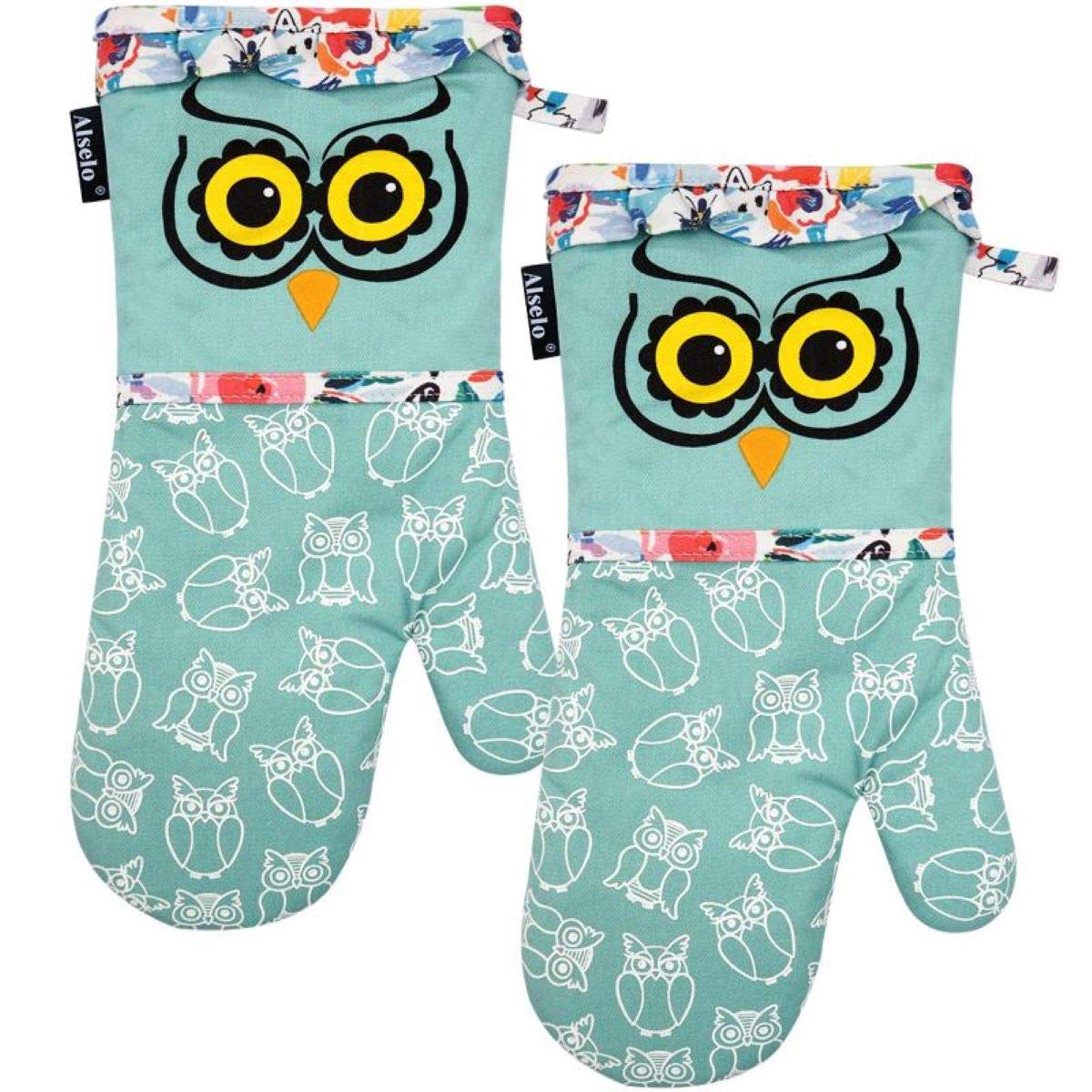 Alselo Oven Mitts, Heat Resistant with Soft Quilted Cotton Lining Set of 2, Fashion Animal Design with Silicone Printing Anti-Slip Kitchen Gloves for Safe Backing Cooking Barbecue (Green 2)