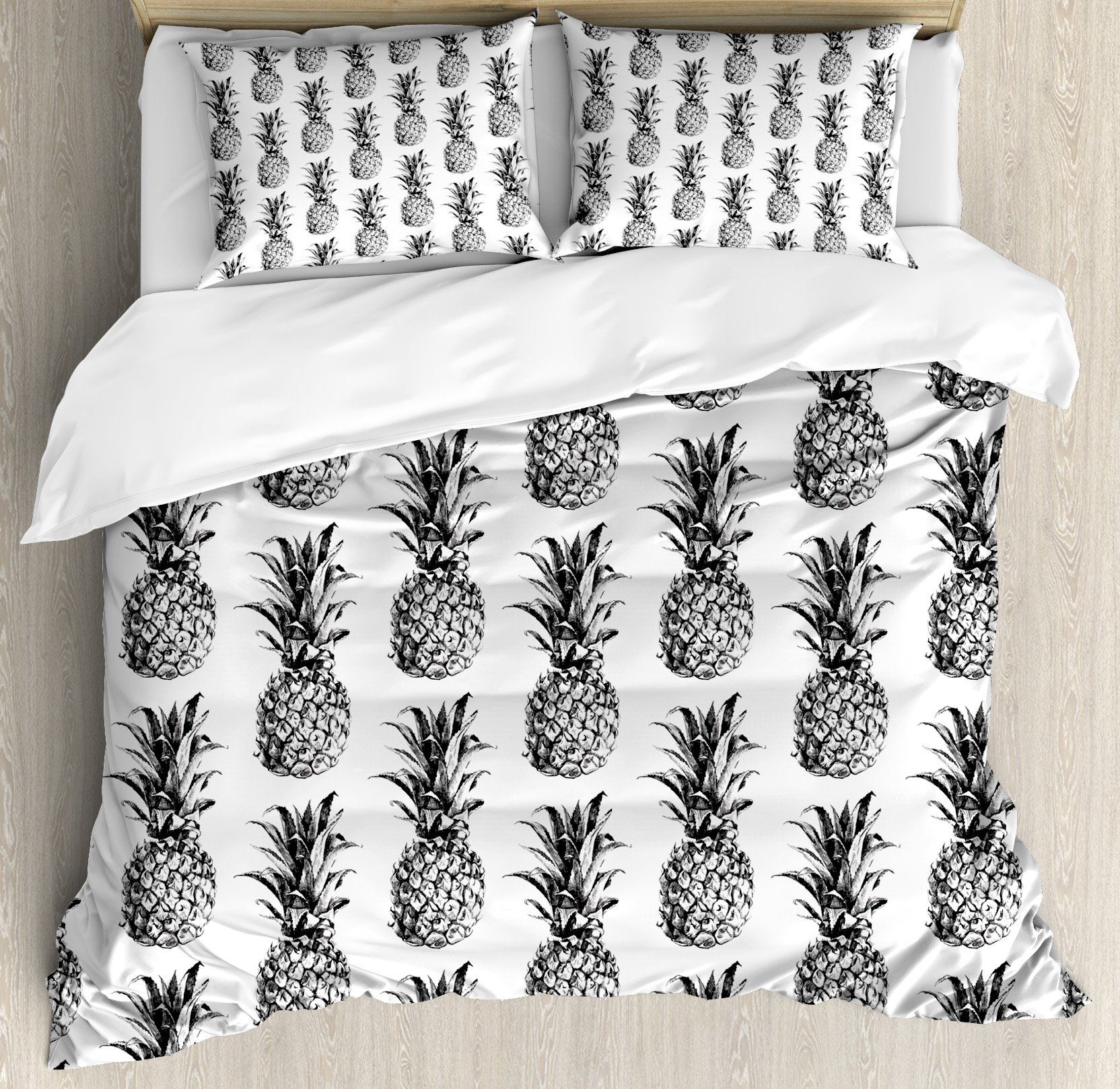 Ambesonne Pineapple Duvet Cover Set, Hand Drawn Tropical Theme Vintage Style Pineapple Fruit Pattern, Decorative 3 Piece Bedding Set with 2 Pillow Shams, King Size, Black Gray