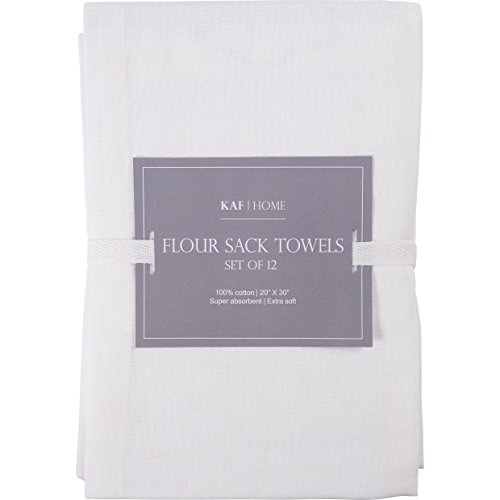 KAF Home Set of 12 White Flat Flour Sack Embroidery/Craft Kitchen Towels, 100-Percent Cotton, Lightweight, Thin, Absorbent, Extra Soft (20 x 30-Inches) (White)