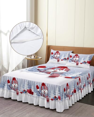 AMZRicher Winter Snowman Wrap Around Pleated Bed Skirts for Twin XL Bed 39x80, Decorative Dust Ruffle Bed Sheet & Bedskirt 18'' Drop Bedspread with Pillow Case 20x30 Christmas Forest Snowy Tree