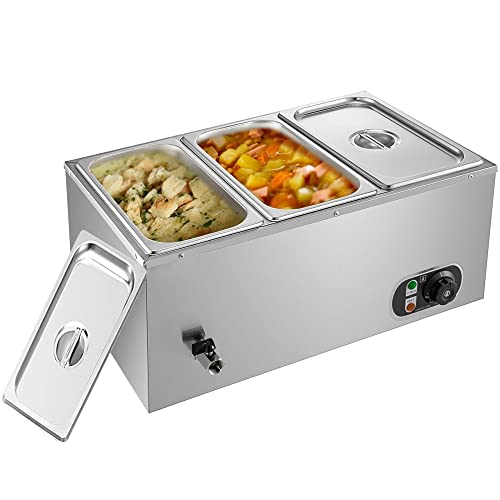 Commercial Food Warmer 110V, 3-Pan Electric Steam Table, Stainless Steel Buffet Bain Marie 16 Quart for Catering and Restaurants