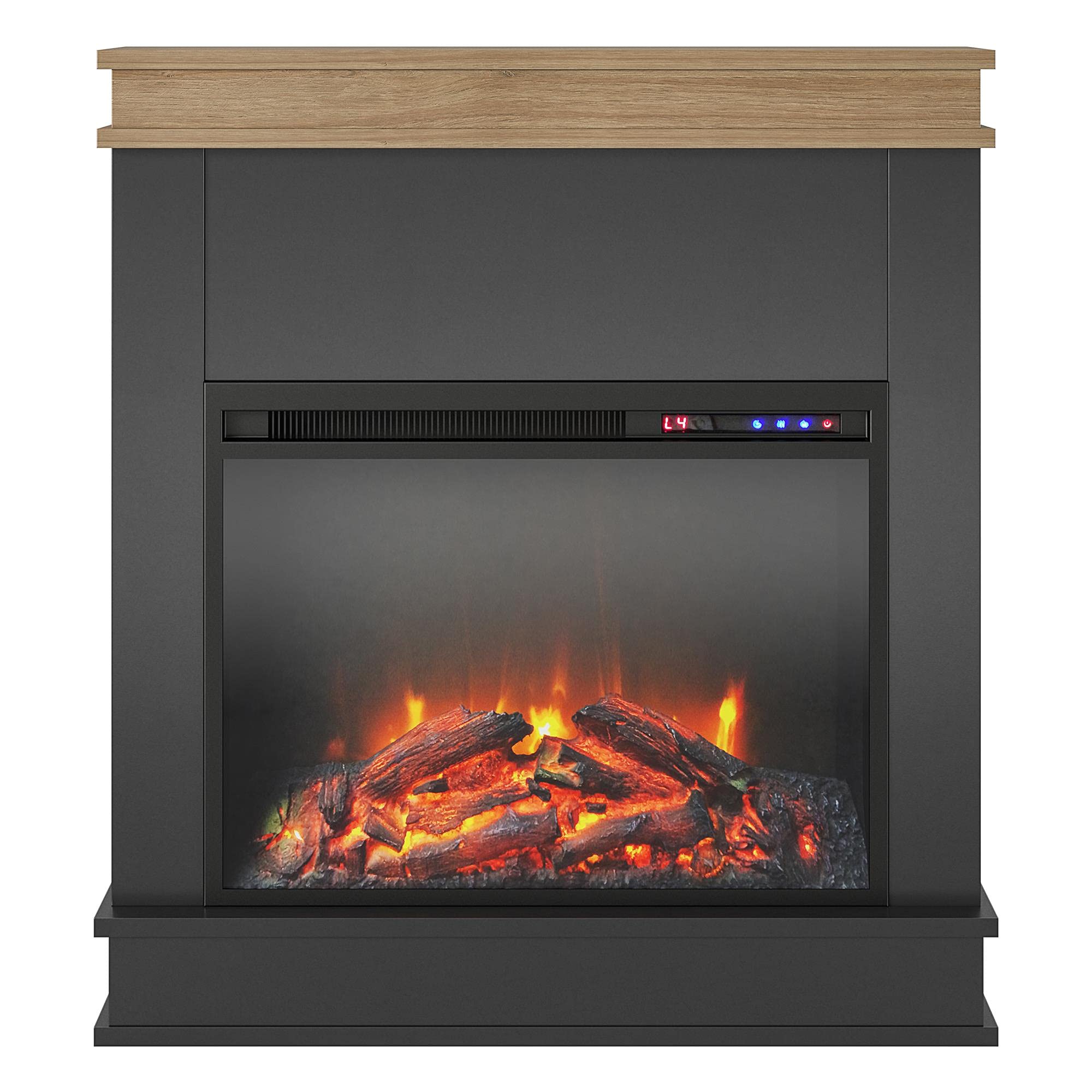 Ameriwood Home Mateo Fireplace with Mantel, Black with Natural Mantel