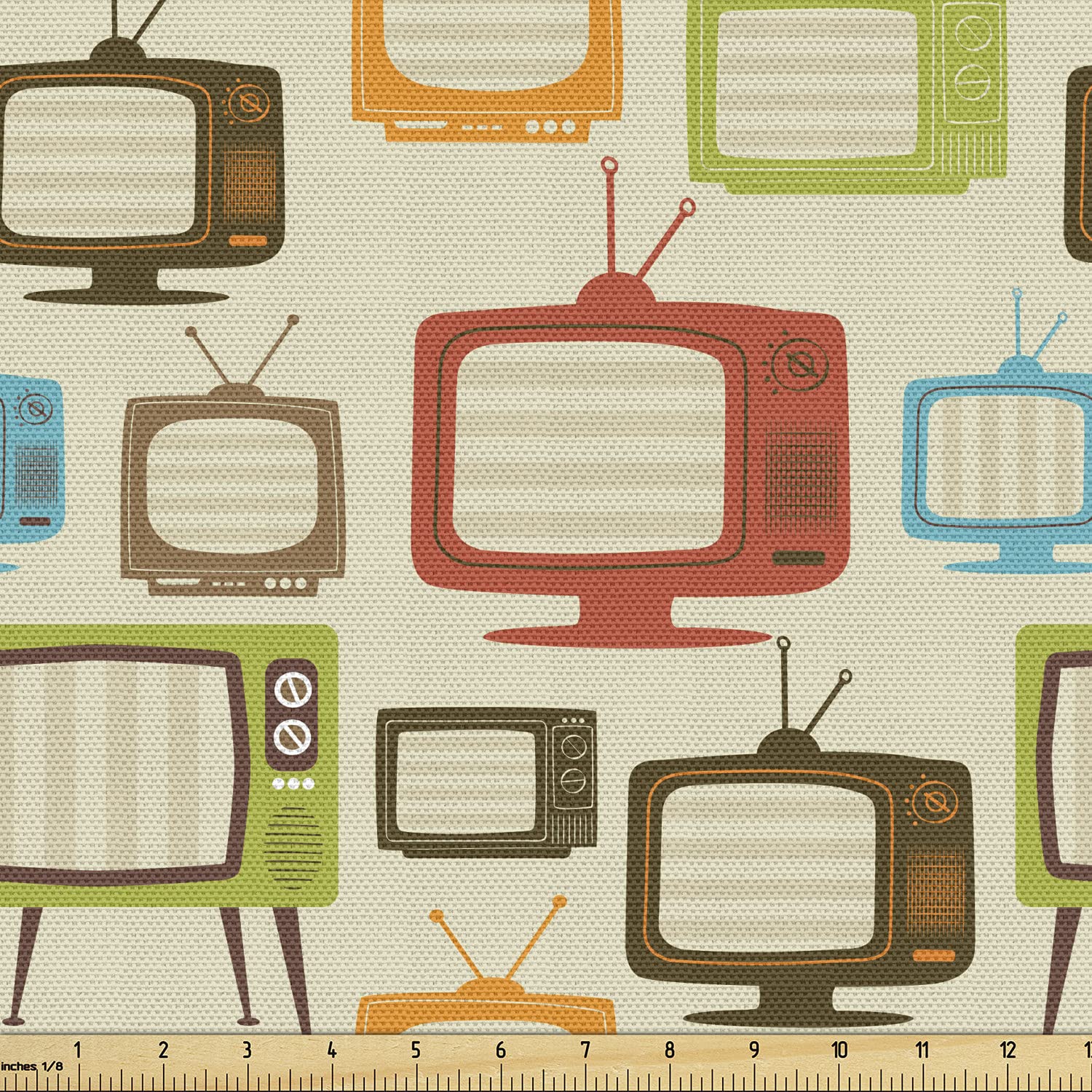 Ambesonne Vintage Fabric by The Yard, Old Televisions Pattern in Retro Colors Antenna Electronics Entertainment Nostalgic, Decorative Fabric for Upholstery and Home Accents, 1 Yard, Dark Cream