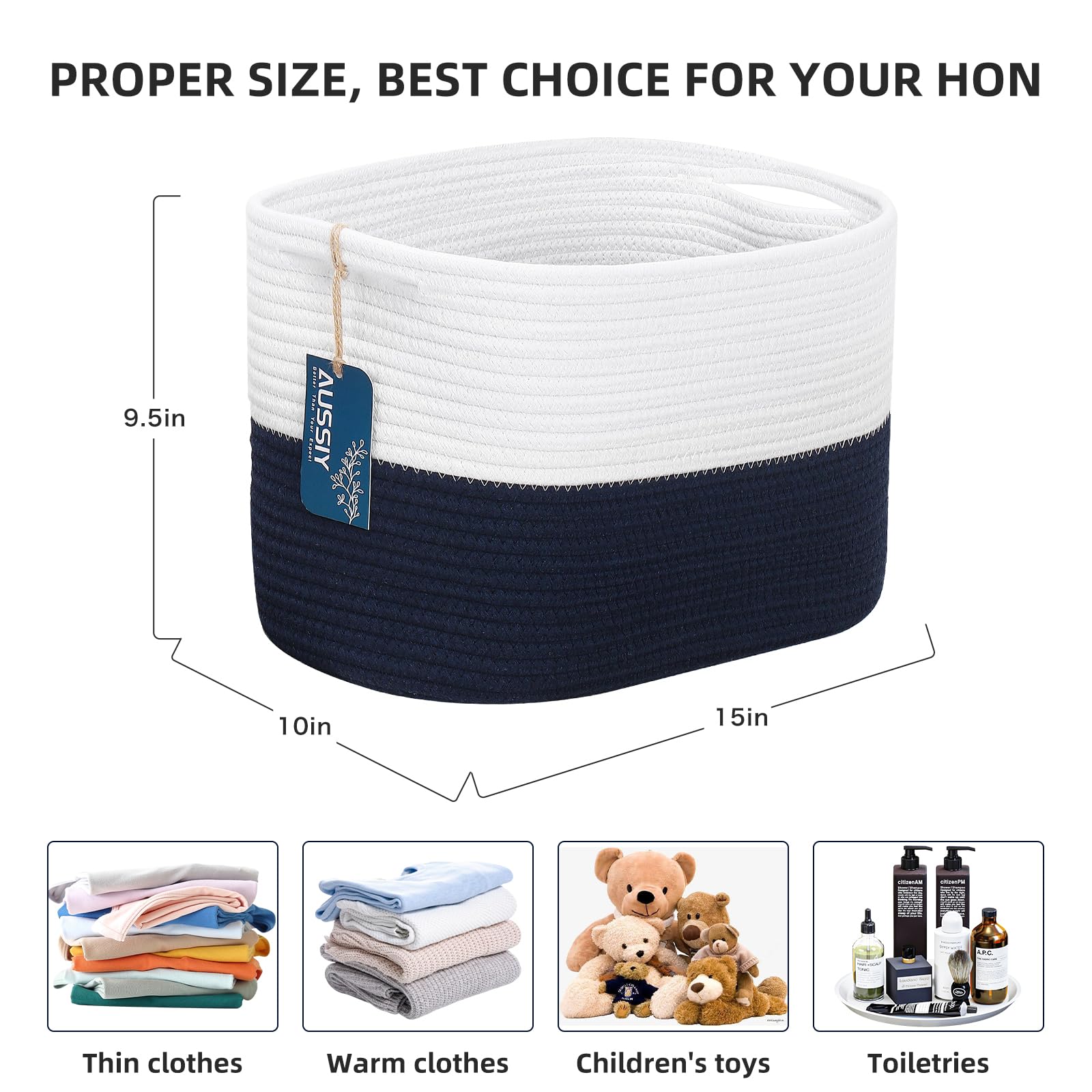 AUSSIY 1 Pack Rope Baskets for Storage Basket, Cotton Rope Woven Basket with Handles. Blanket Basket for Storing Clothes, Toys, Books, Shelves etc, 15''L x 10''W x 9.5''H, Off White