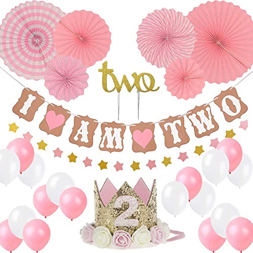Birthday Decoration Set - Baby Partyr Crown, Girl/Boy 2st Birthday Party Hat Princess Tiara Hat Includes Cake Topper One "I Am One" and Star Banner Pink Hanging Paper Fan Flower Pink and White Balloons