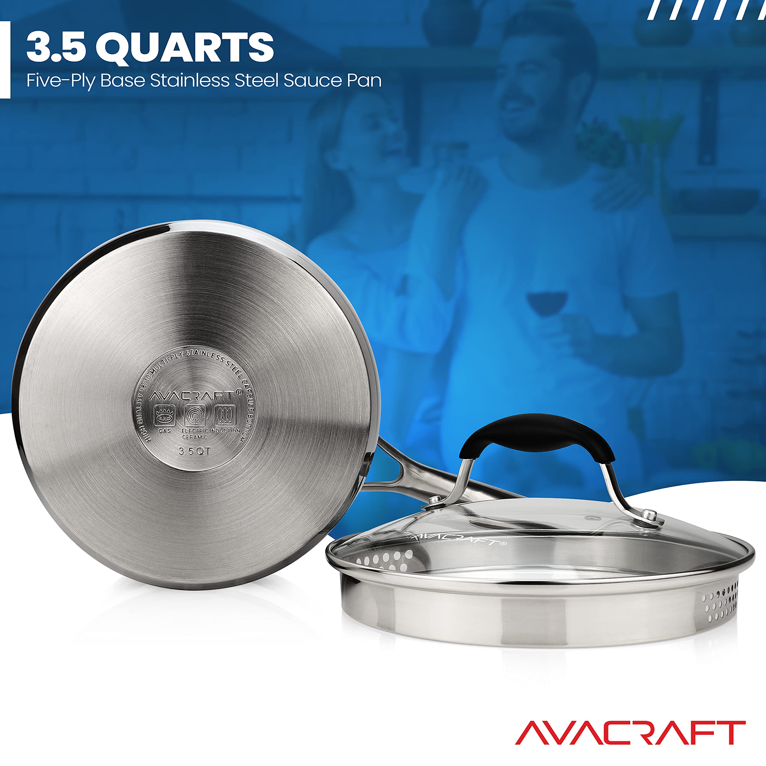 AVACRAFT Stainless Steel Saucepan with Glass Lid, Strainer Lid, Two Side Spouts for Easy Pour with Ergonomic Handle, Multipurpose Sauce Pan with Lid, Sauce Pot (Tri-Ply Capsule Bottom, 3.5 Quart)