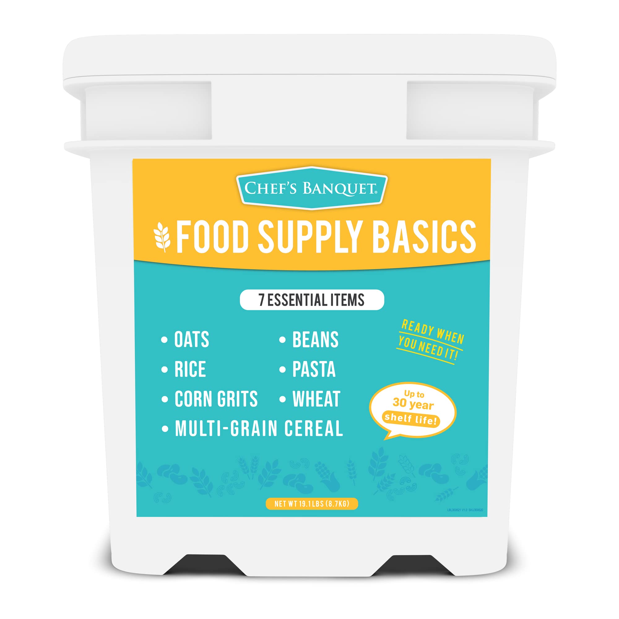 Chef's Banquet Emergency Food Supply Basics 7 Essentials (oats, rice, corn, multi-grain cereal, beans, pasta, wheat) House and Home survival food kit, Shelf Life: 25 year to 30 year