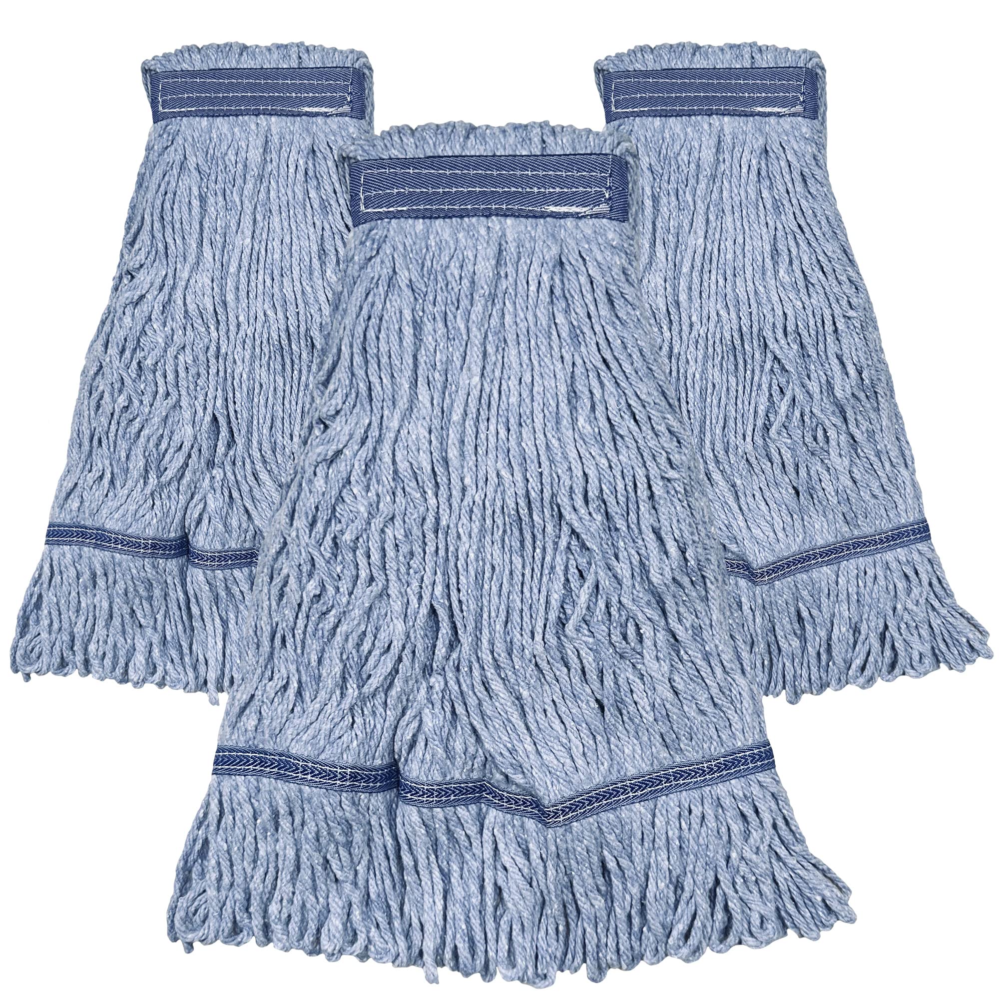 GSD Brand Blue Commercial Mop Head Replacement. Looped End Prevents Tangling and Twisting. Industrial Mop Heads. Synthetic Cotton Blend for Maximum Absorption. Wide Universal Headband. 3 Pack