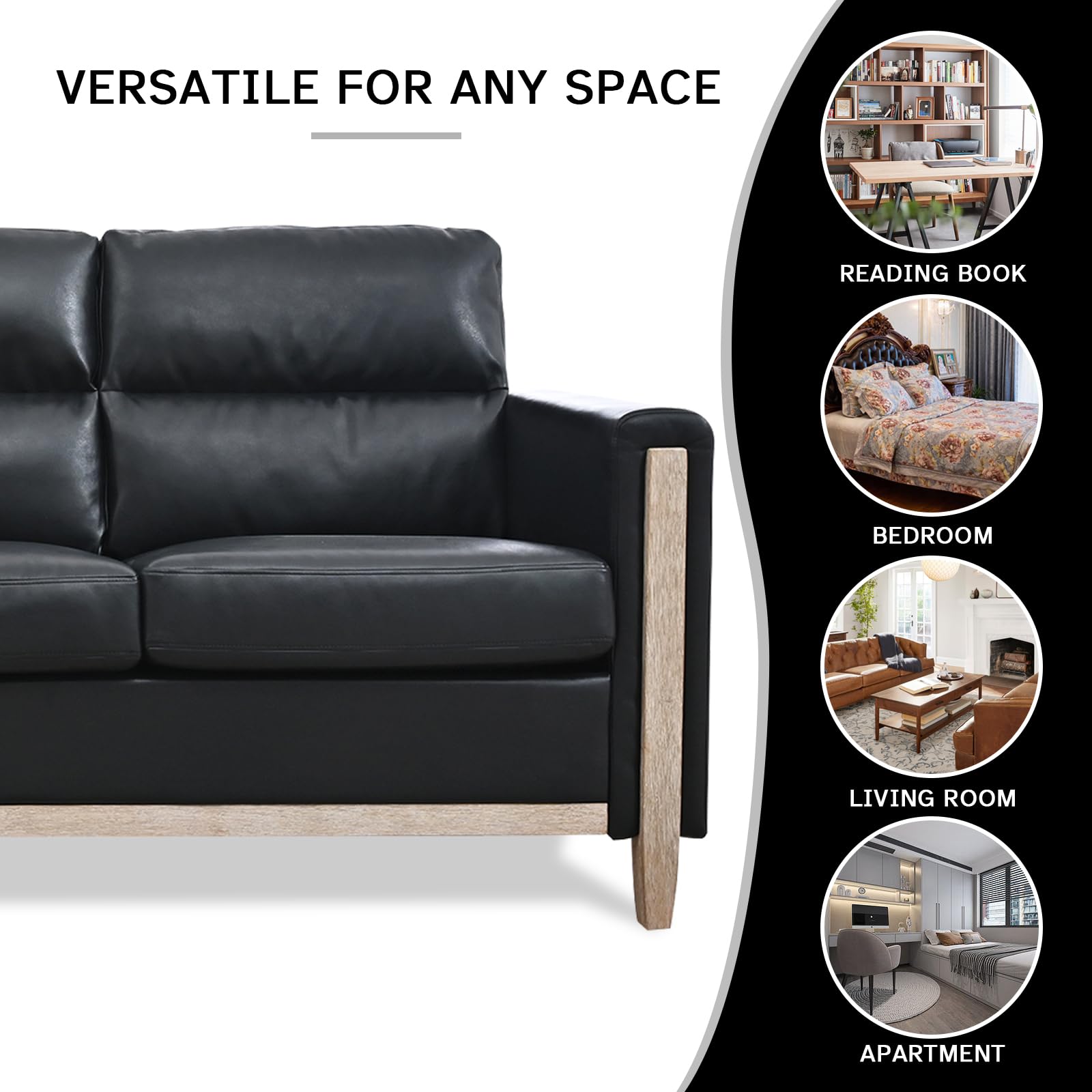 KUVENQIW Faux Leather Sofa Couch with 2 Side Storage Pockets 79.5" Solid Wood 3 Seater Sofa,Soft Cushions,Thick Backrest,Couches for Living Room/Bedroom/Office (Black PU Three-Seater)