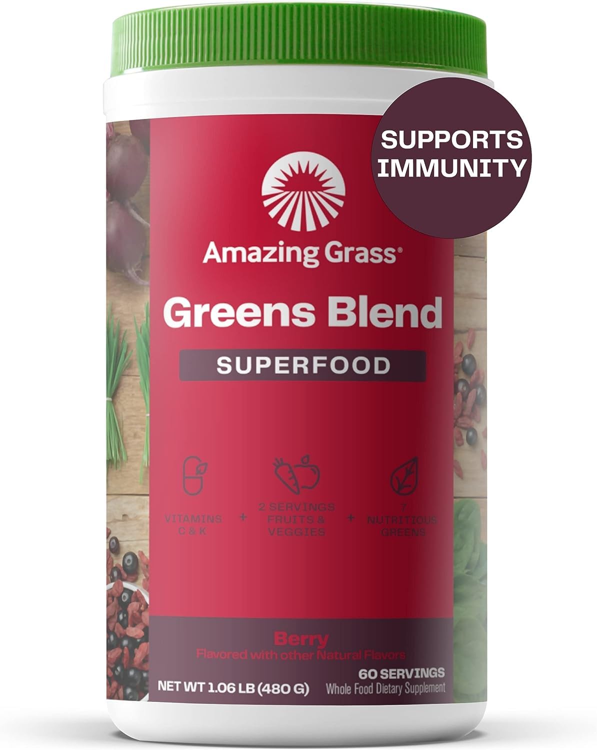 Amazing Grass Greens Blend Superfood: Super Greens Powder Smoothie Mix with Organic Spirulina, Chlorella, Beet Root Powder, Digestive Enzymes & Probiotics, Berry, 60 Servings (Packaging May Vary)