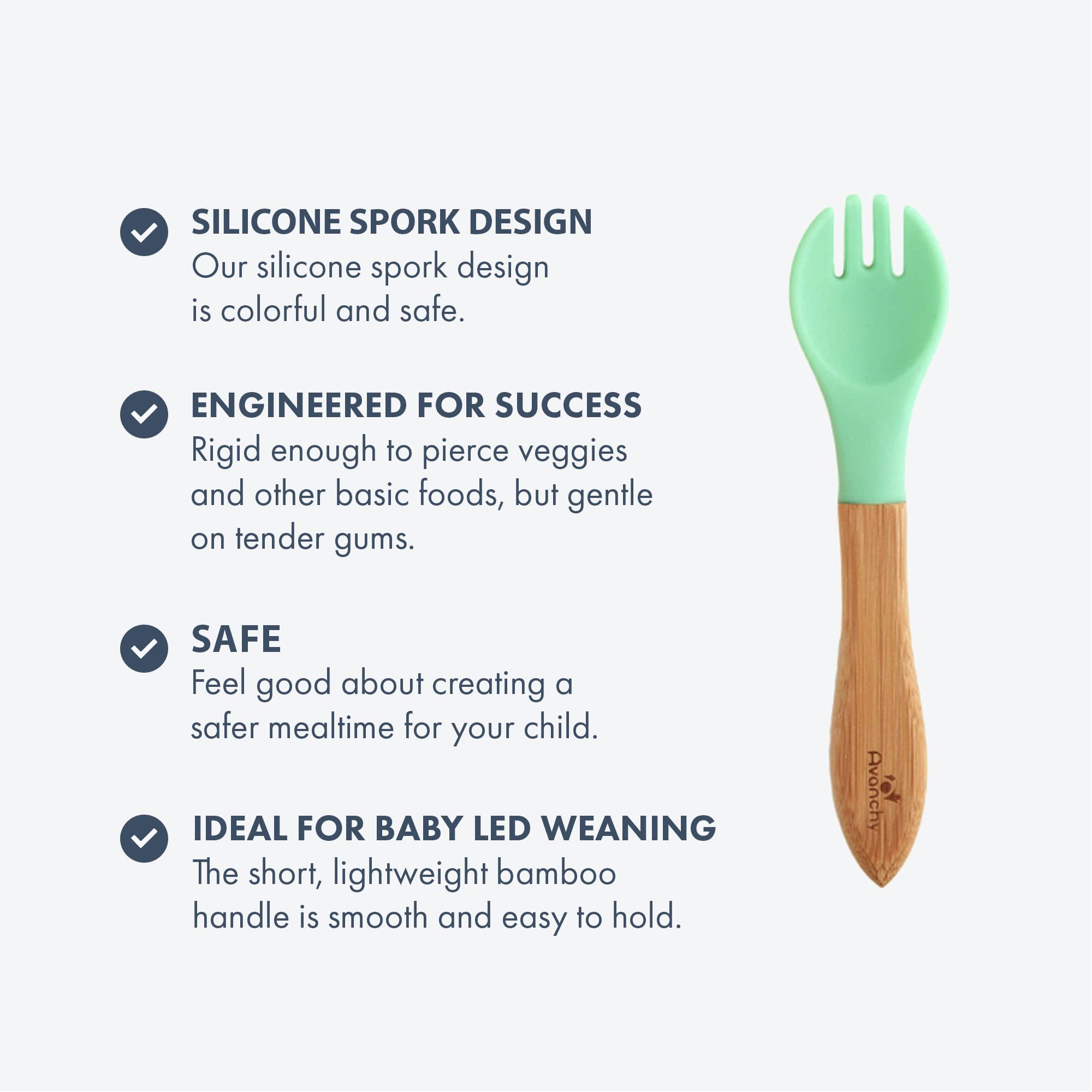 Avanchy Baby Fork Set, Bamboo and Silicone Spork Utensils, Toddler Baby Led Weaning Silverware Cutlery Flatware, Kids First Self Feeding, 2 Pack, Blue