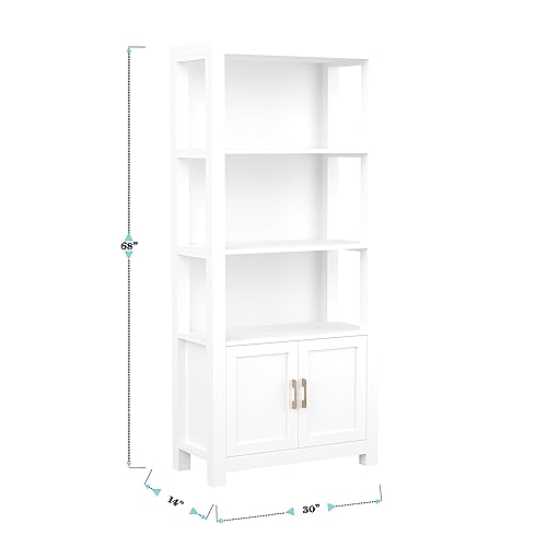 Martha Stewart Hutton Four Tier Shaker Bookcase with Storage Cabinet in White with Polished Brass Hardware