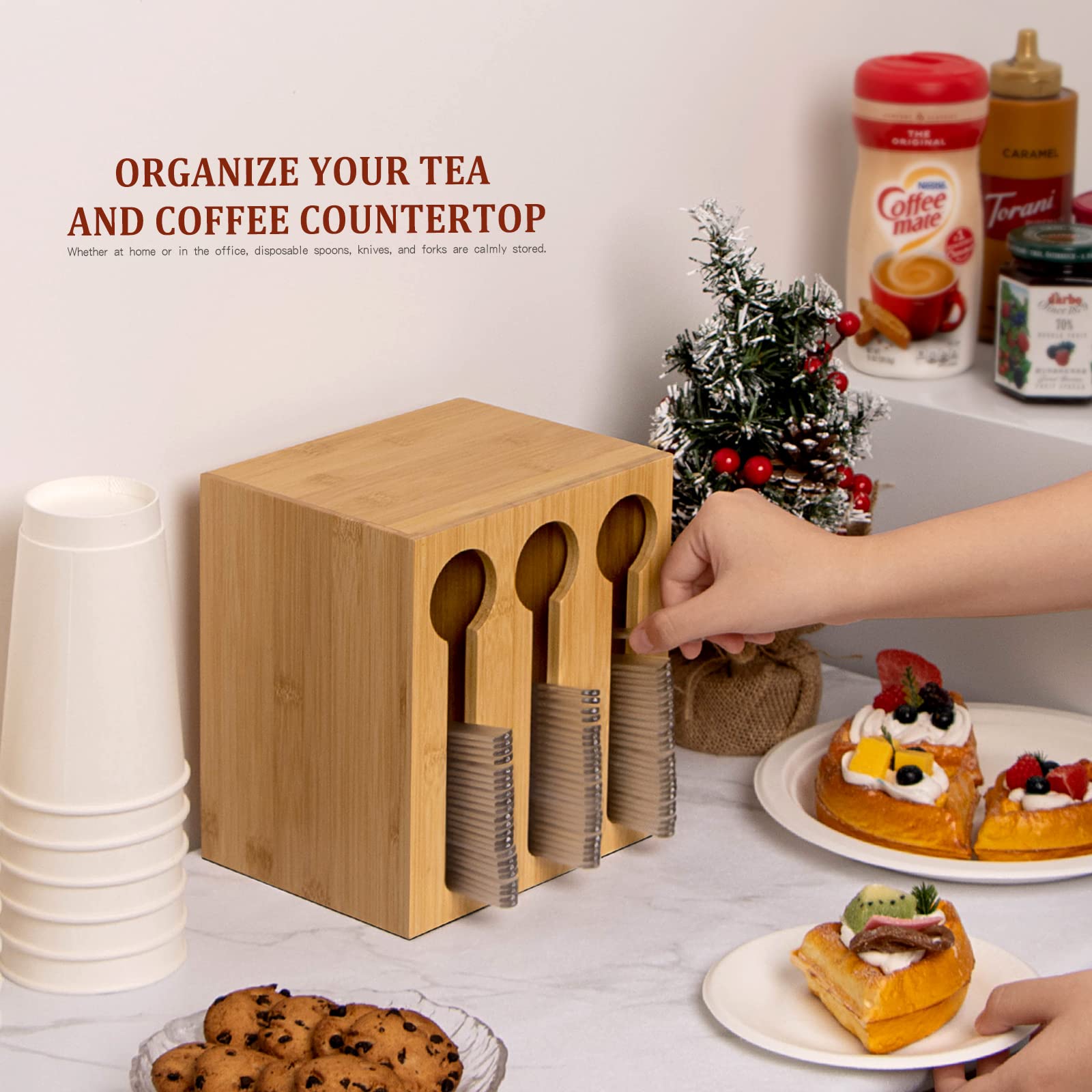 ANBOXIT Bamboo Utensil Dispenser for Spoons and Forks, Plastic Utensil Holder Station with 3 Compartments, Plastic Utensil Organizer, Cutlery Dispenser for Party, Wedding, Church and Breakroom