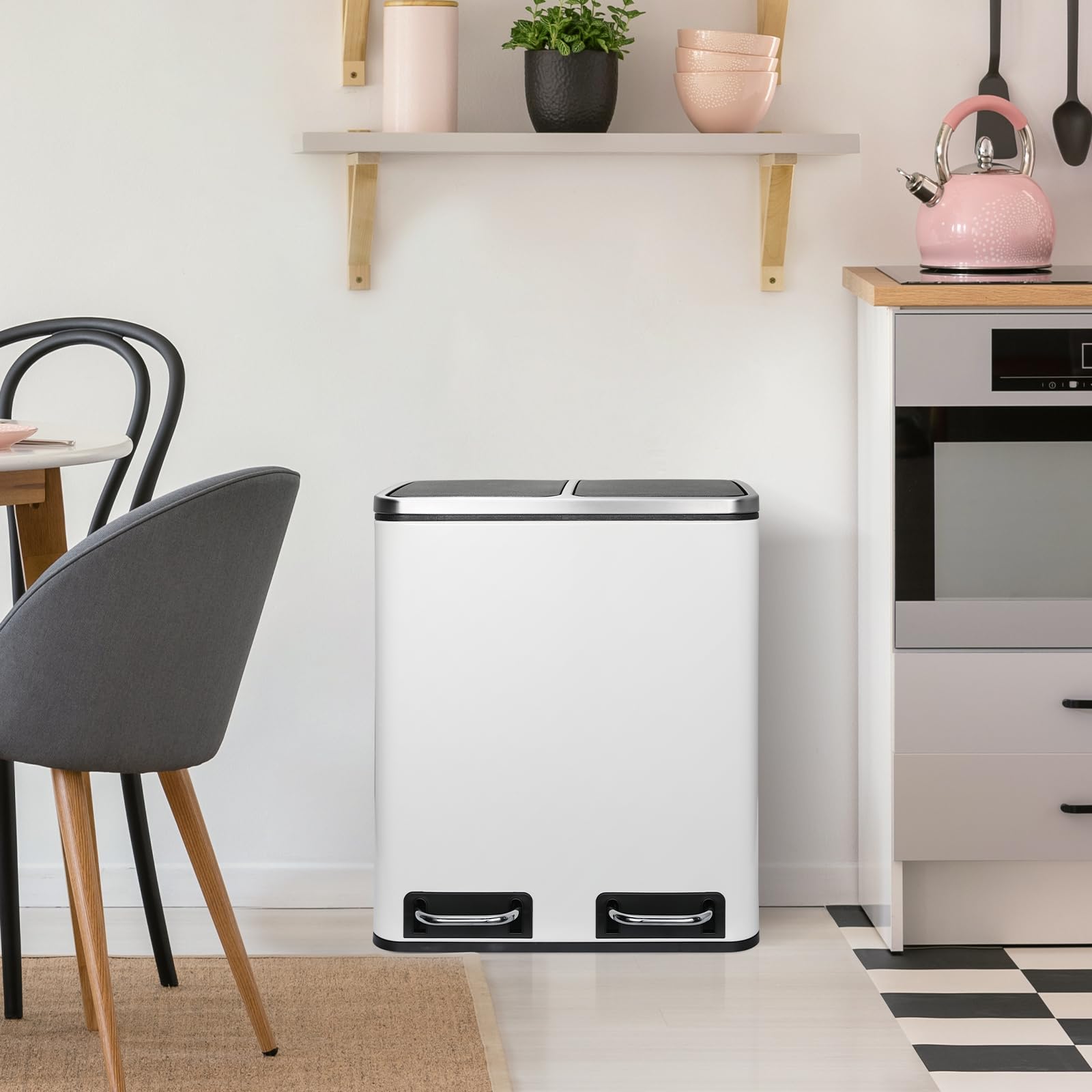 Arlopu 8 Gallon Dual Trash Can, 30L(2X15L) Stainless Steel Kitchen Garbage Can, Step-on Classified Recycle Garbage Bin with Removable Inner Buckets, for Kitchen, Living Room, Office (White)