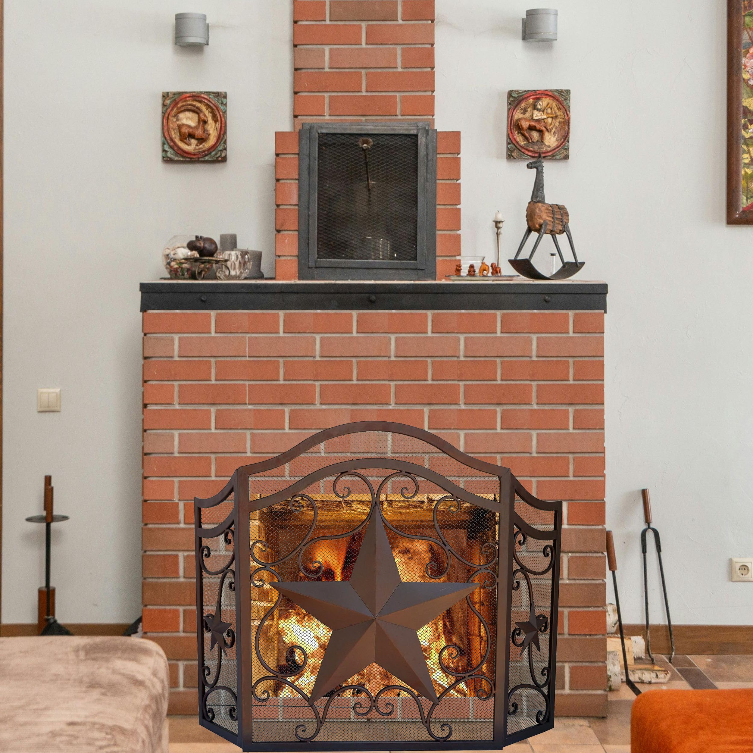 BestGiftEver 3-Panel Fireplace Screen Decorative with Stars & Scrolls Detail - Stand Alone Fireplace Cover Metal Mesh Screen - Home Decor for Cabin, Lodge, and Rustic Country Style Firescreen
