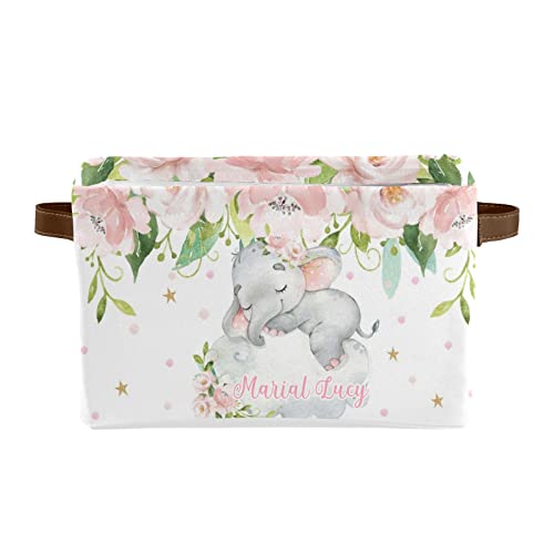 Elephant Pink Floral Custom Storage Basket ,Personalized Storage Bins Cubes Organizer with Handle for Bedroom Wardrobe,Nursery,Basket 1 Pack