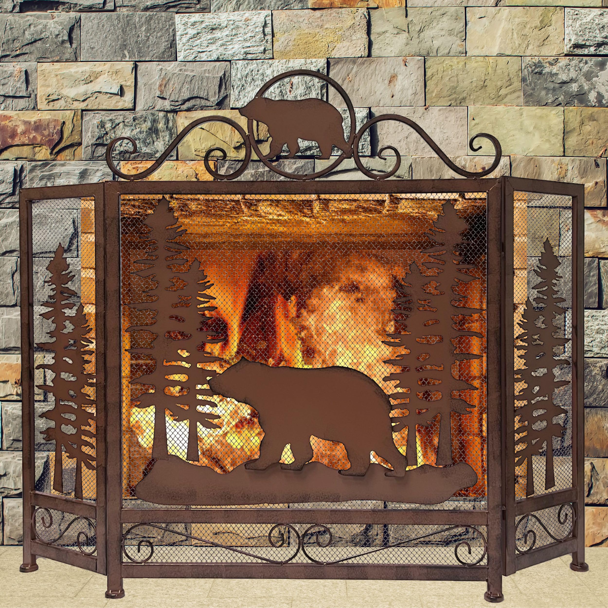 BestGiftEver 3-Panel Fireplace Screen Decorative with Bear Alone in The Forest - Stand Alone Fireplace Cover Metal Mesh Screen - Home Decorative Firescreen for Cabin, Wildlife, and Woodland Theme