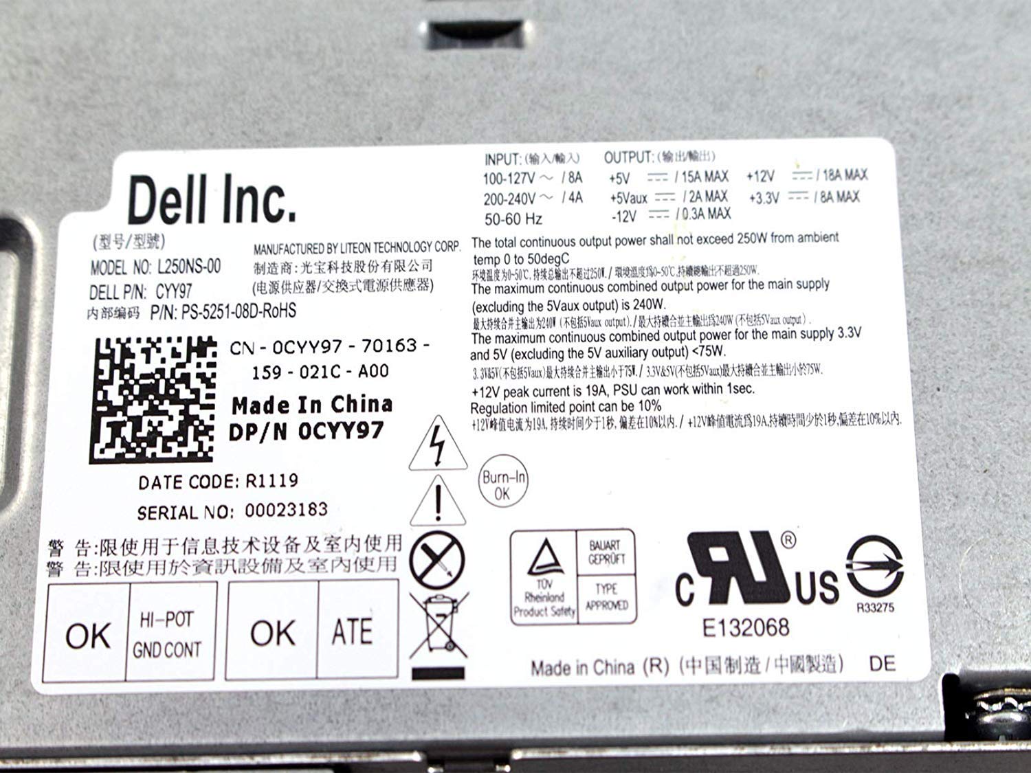 Dell 250 Watt Power Supply Inspiron 530s 620s Vostro 220s Slim Part: 3WFNF