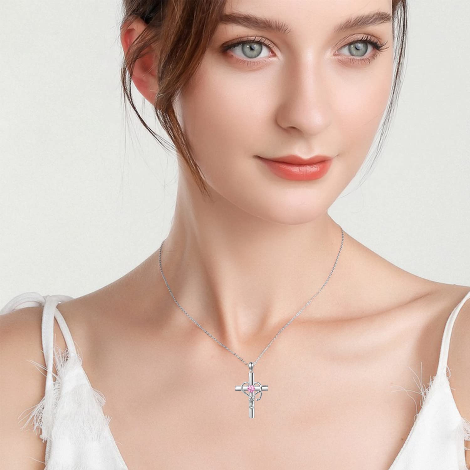 LONAGO Stethoscope Necklace Silver Cross Pendant Necklace with October Birthstone Stethoscope Jewelry Graduation Gift for Women