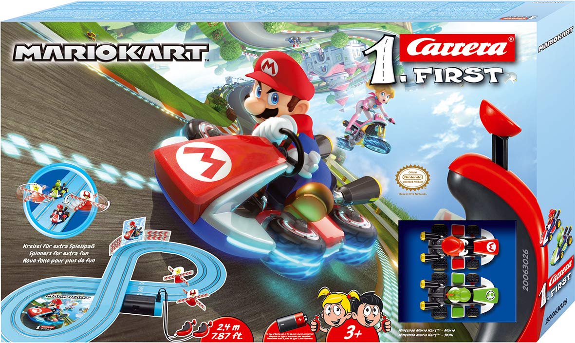 Carrera First Mario Kart - Slot Car Race Track with Spinners - Includes 2 Cars: Mario and Yoshi - Battery-Powered Beginner Racing Set for Kids Ages 3 Years and Up