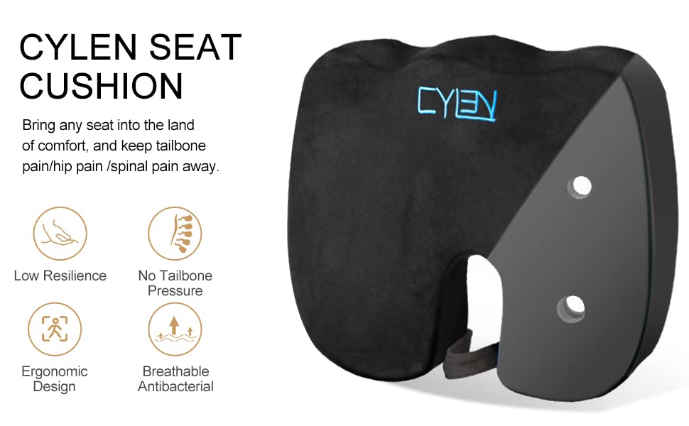 CYLEN Home-Memory Foam Bamboo Charcoal Infused Ventilated Orthopedic Seat Cushion for Car and Wheel Chair - Washable & Breathable Cover (Black)