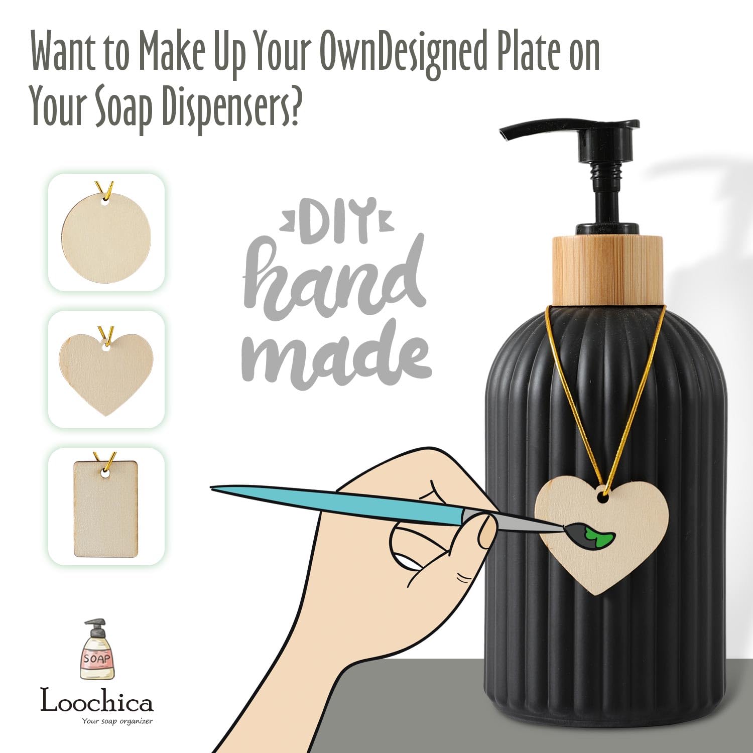 LOOCHICA Do It Yourself 2 Pack Black Glass Soap Dispenser Set with Bamboo Tray, Matte Black Soap Dispenser Suitable for Kitchen Sink, Bathroom, Rustic Kitchen Décor