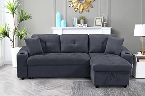 BIADNBZ Reversible Sleeper Sofa Bed 2 in 1 Pull Out Couch with Storage Chaise 2 Cup Holders Two Side Pockets and Pillows for Living Room, Dark Grey