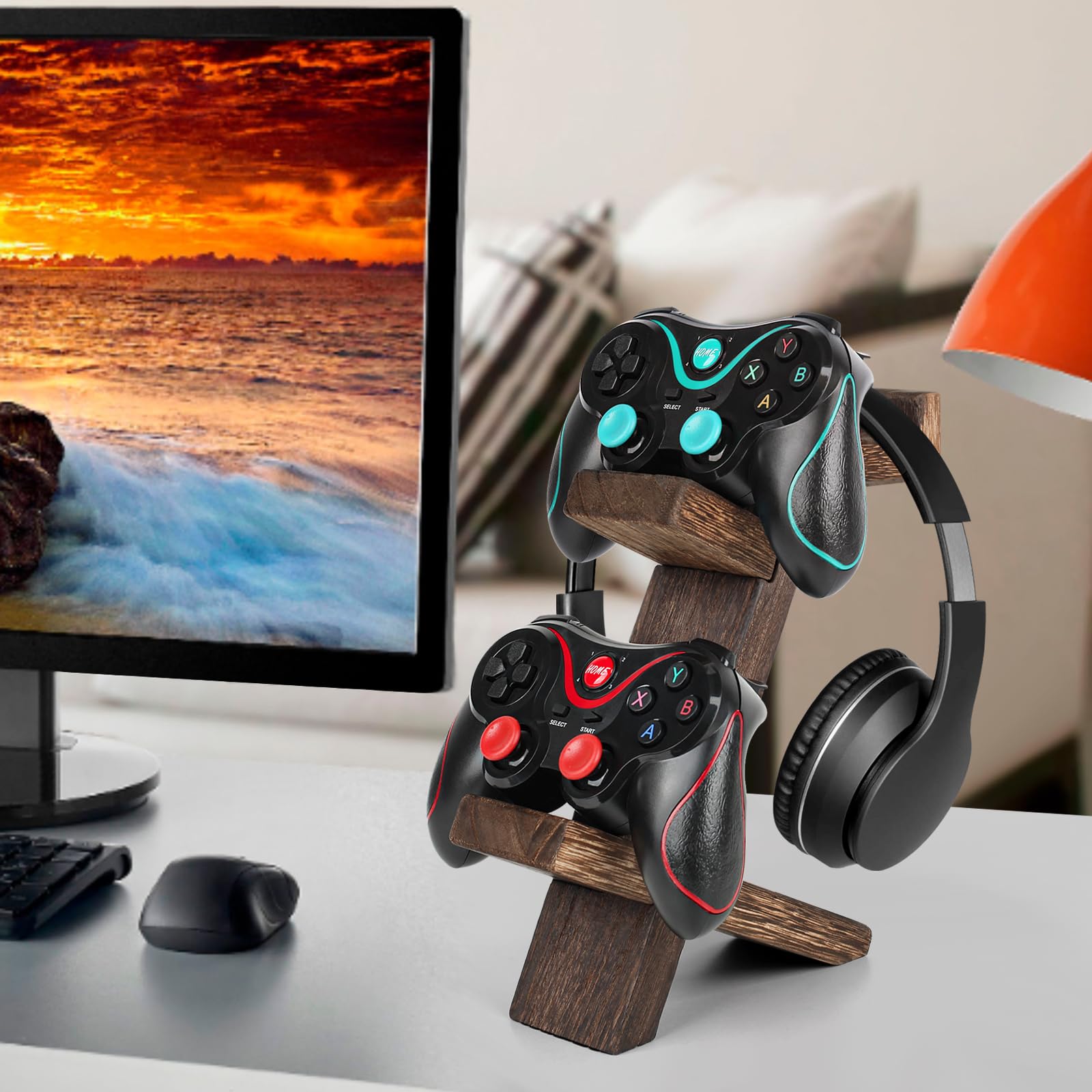 BEARUT Wooden Game Controller Holder Headset Stand 2-Tier Universal Controller Gaming PC Accessories Storage Rack Headphone Stand for Xbox Series PS5 PS4