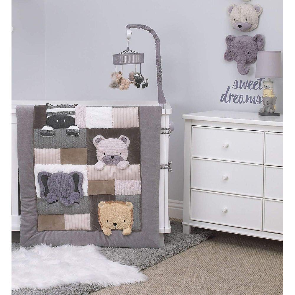 NoJo Play Day Pals Elephant/Bear/Lion/Zebra Animal 4 Piece Nursery Crib Bedding Set, Grey, Tan, Taupe, White