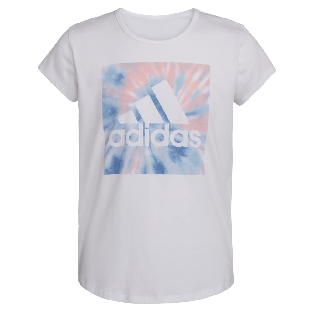 adidas Girls' Big Short Sleeve Cotton Scoop Neck Tee T-Shirt, White with Blue, Large (14)