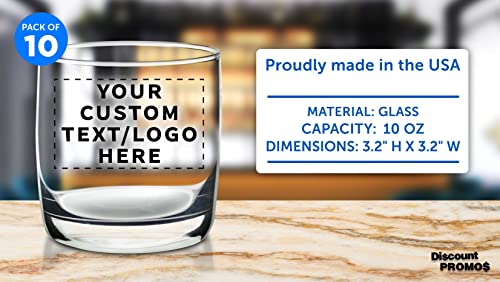 Custom Whiskey Glasses 10 oz Set of 10, Personalized Bulk Pack - Heavy Base Old Fashioned Glass, Perfect for Scotch, Bourbon, Whiskey, Cocktail - Clear