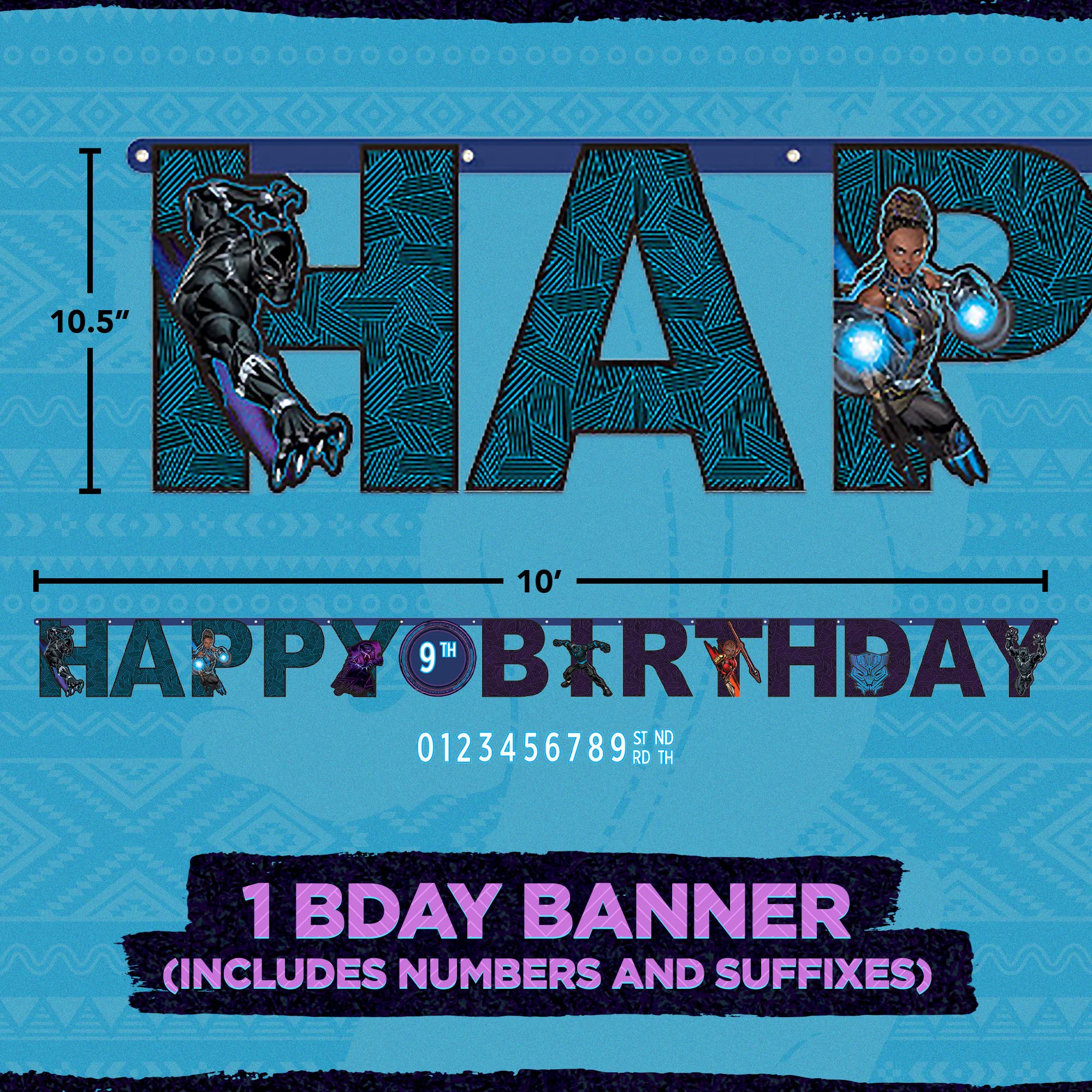 amscan Black Panther Wakanda Forever Dinnerware Bundle - 8 Purple Blue Dinner Plates (9"), 16 Luncheon Napkins (6.5"), Happy Birthday Banner 10 Ft - Decorations Supply Set Bulk Paper Marvel Theme