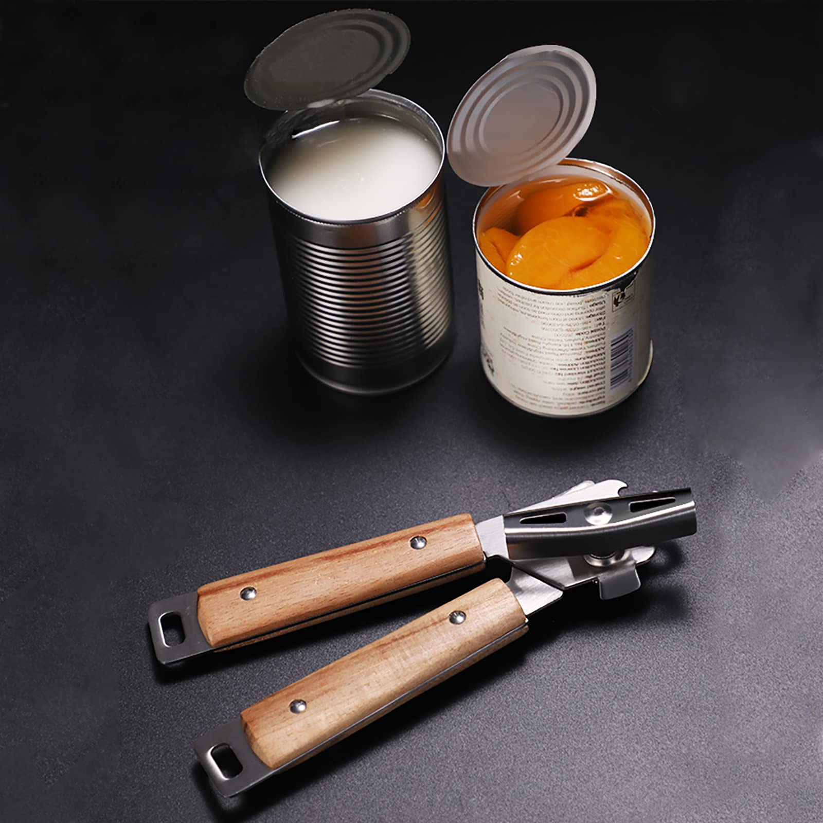 AmJoylst Stainless Steel Can Opener Manual Kitchen Acacia Wooden Handle With Hang Hole Durable (Can opener)