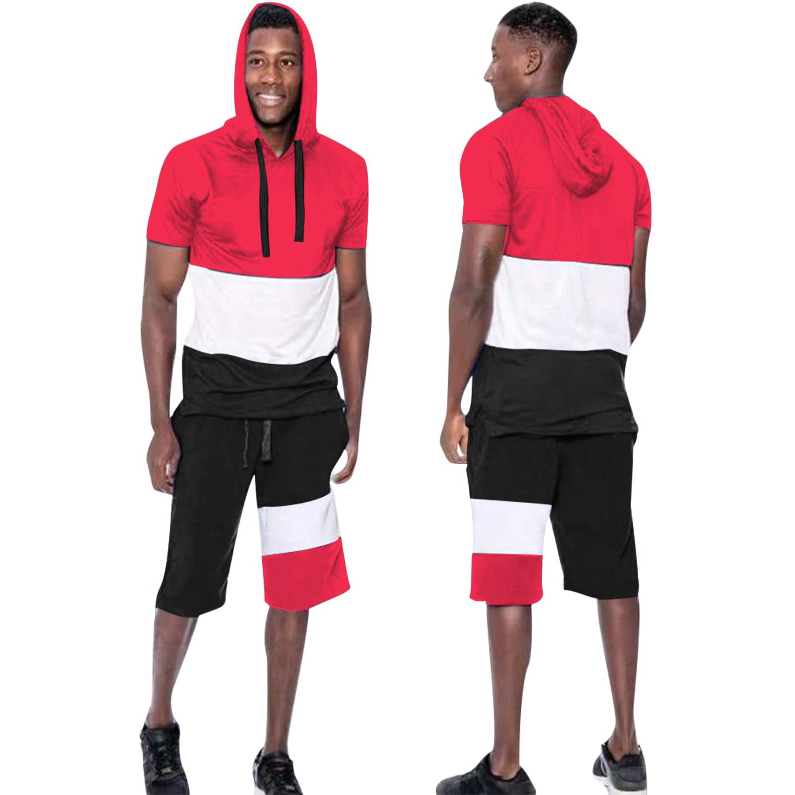 acelyn Men Casual Color Block 2 Pieces Short Set Short Sleeve Hoodies and Shorts Running Jogger Summer Sweatsuits Red Black 2XL