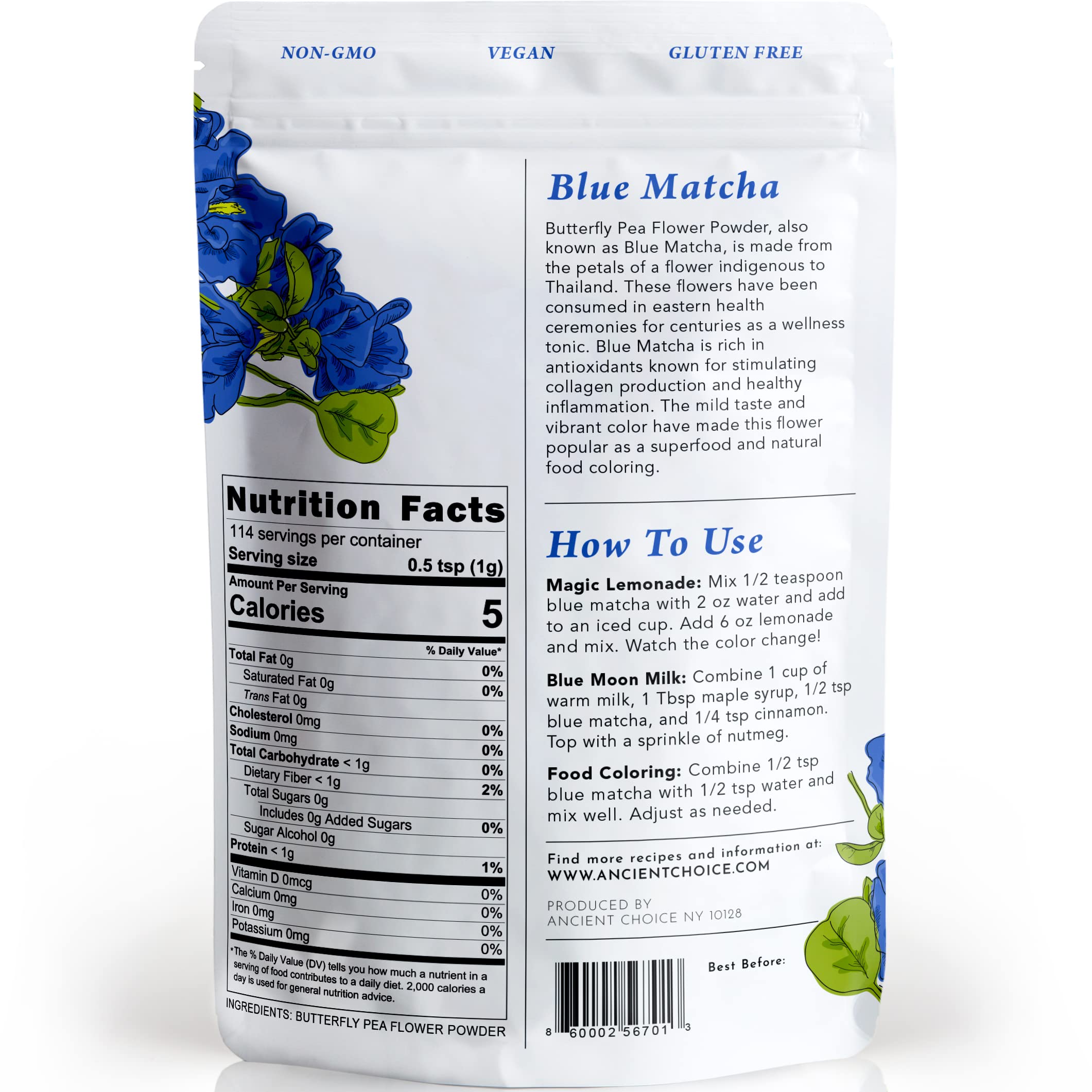 Ancient Choice - Butterfly Pea Flower Powder (4 ounce) | Blue Matcha Tea | Ceremonial (Highest) Grade | Adaptogenic Raw Culinary | Natural Food Coloring | Thai Non-GMO | Vegan