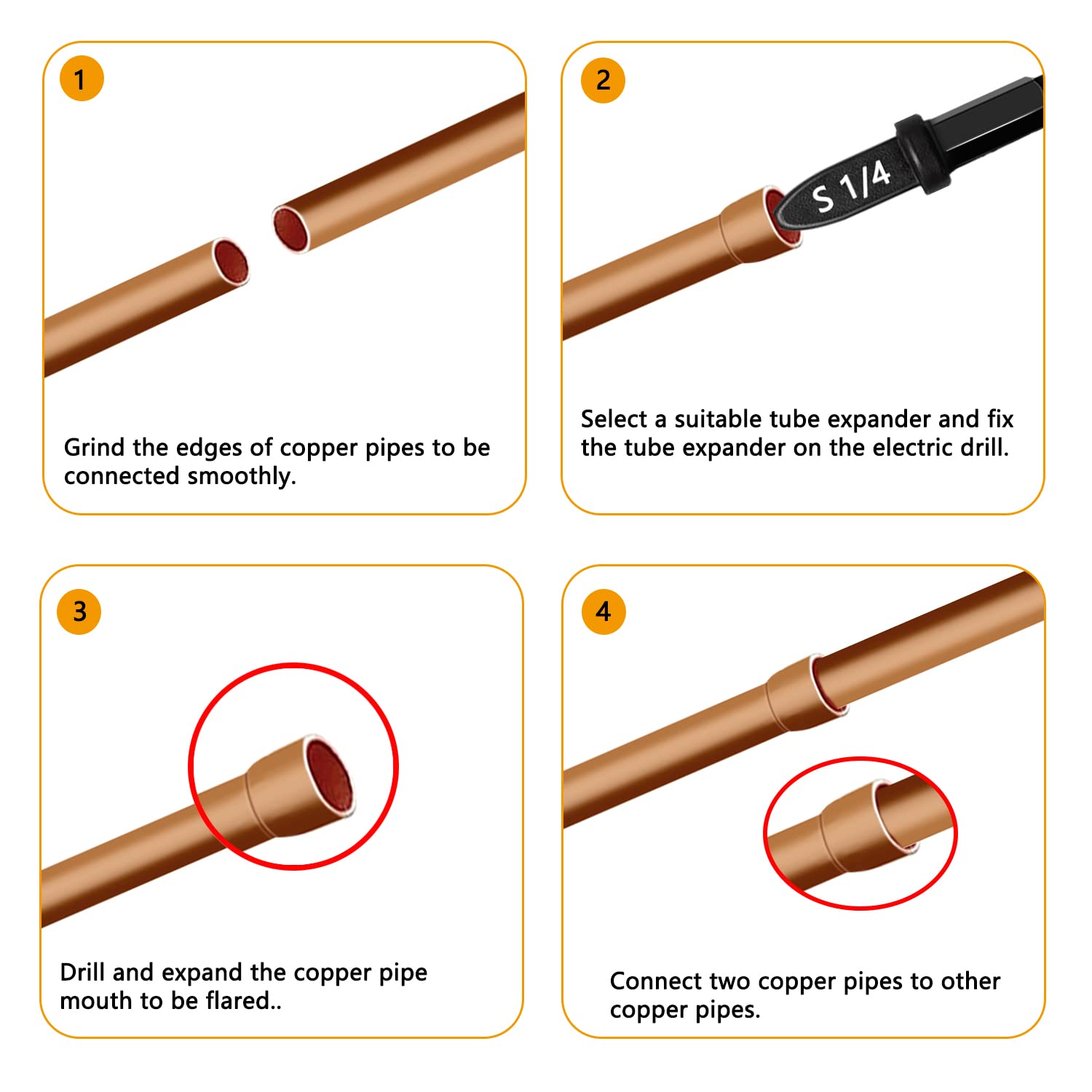 Aienxn 6PCS Swaging Tool Drill Bit Set, HVAC Repairing Set Air Conditioner Manual Copper Pipe Swage Tube Expander Soft Copper Tubing Tool with 1/4'', 3/8'', 1/2'', 5/8'', 3/4'', 7/8'' Bits Q-M-045