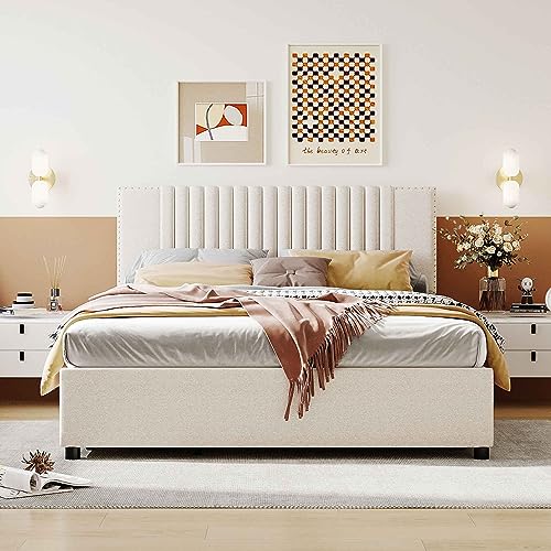 ATY Queen Size Platform Bed with 4 Storage Drawers & Classic Headboard, Upholstered Linen Bedframe, Save Space, Perfect for Bedroom,Livingroom,Guestroom, No Box Spring Needed, Beige