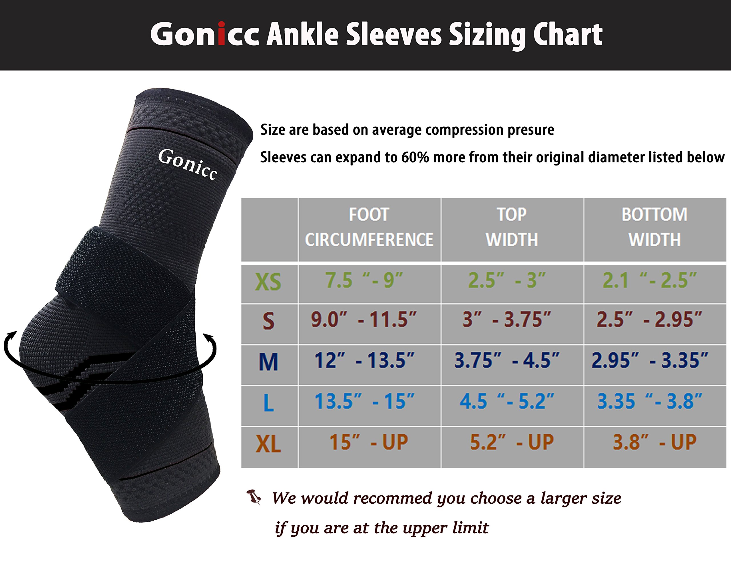 gonicc Professional Foot Sleeve Pair(2 Pcs) with Compression Wrap Support(Large, Black), Breathable, Stabiling Ligaments, Prevent Re-injury, Ankle Brace, Volleyball Protective Gear Ankle Guards