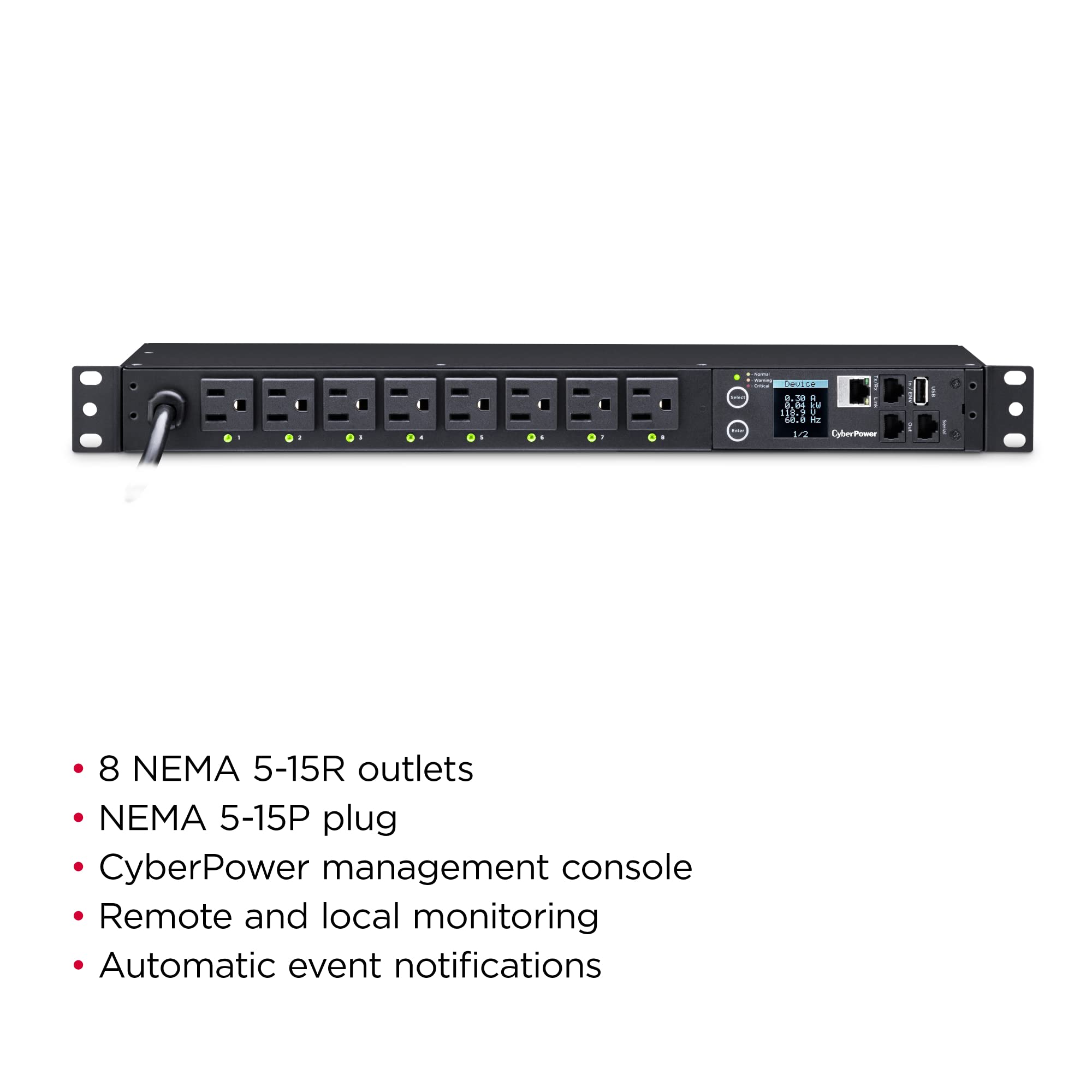 CyberPower PDU41001 Switched PDU, 100-120V/15A (Derated to 12A), 8 Outlets, 1U Rackmount