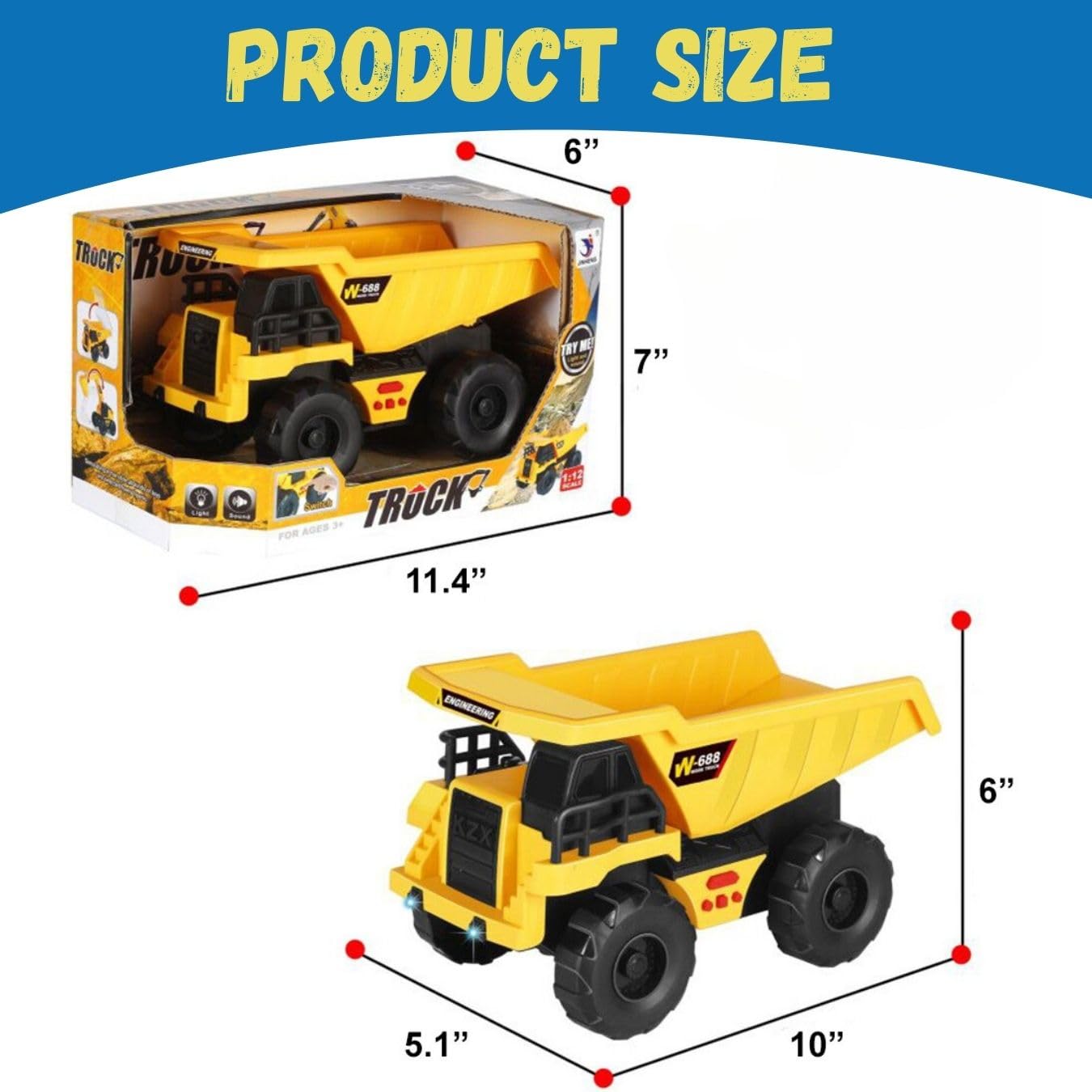 Big Construction Dump Truck Friction Powered Toy - 10-Inch Yellow Truck with Realistic Lights & Sounds, Lifting Bed, 4 Button Control Vehicle for Kids