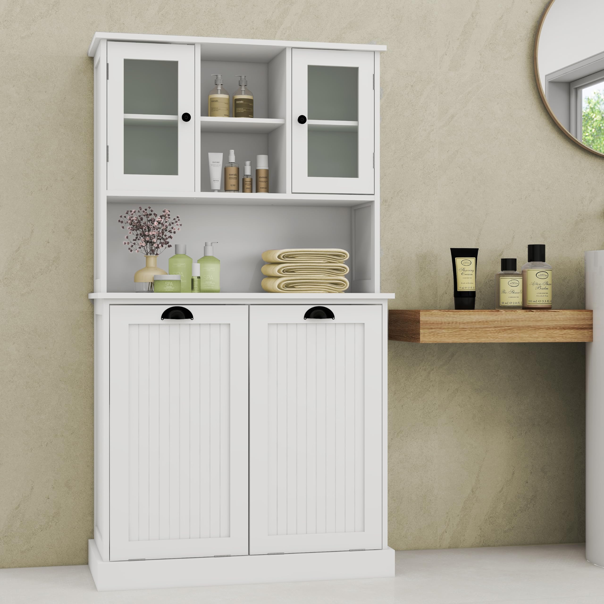 OQSC Tall Tilt-Out Double Doors Laundry Cabinet Hamper, Large Pull Out Laundry Room Storage Cabinets, Bathroom Cabinet with Hidden Laundry Hamper & Glass Doors, White,13 * 2 Gallons