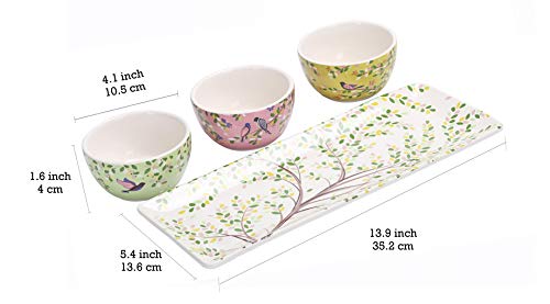 Bico Bird On Tree Ceramic Dipping Bowl Set (9oz bowls with 14 inch platter), for Sauce, Nachos, Snacks, Microwave & Dishwasher Safe