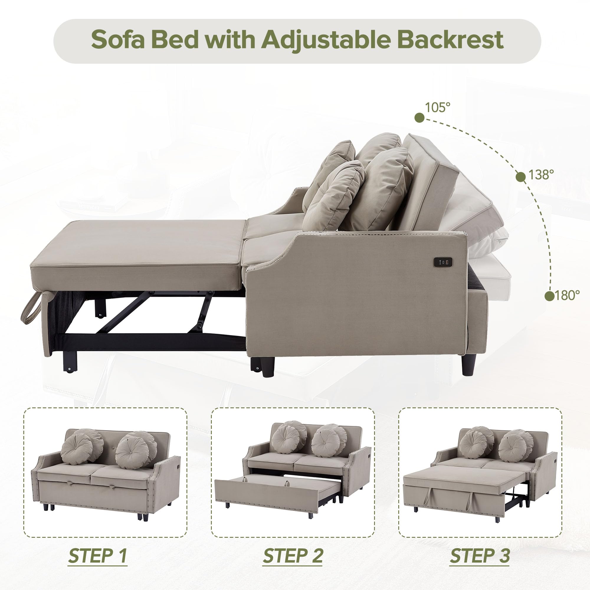 Merax 54.7" Loveseat Sofa Couch with Pull Out Bed, 3 in 1 Convertible Bella Fabric Sleeper Sofa Bed with Two USB Ports, and 2 Floral Lumbar Pillows for Apartment, Office, Living Room (Coffee)