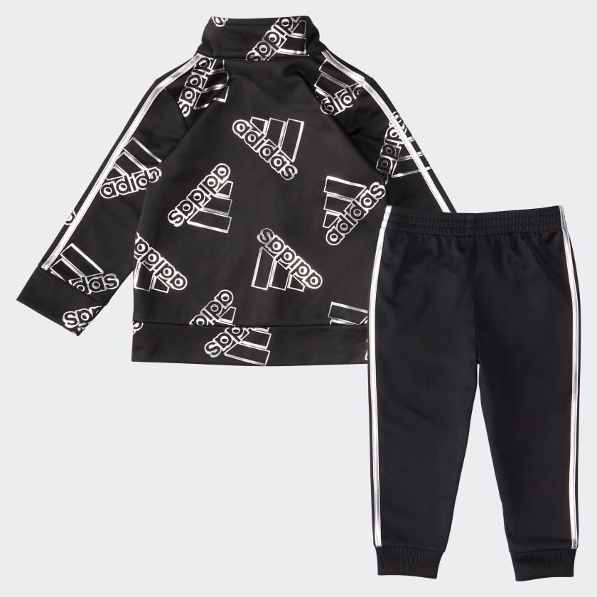 adidas Girls' Zip Front Printed Tricot Jacket and Joggers Set, Black with Silver, 5