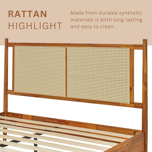 Bme Oliver Headboard Queen Size Bed Frame - 15-Inch Signature Design with Rattan Headboard, Bohemian and Mid Century Style, 12-Slat Wood Support, No Box Spring Needed - Easy Assembly, Caramel