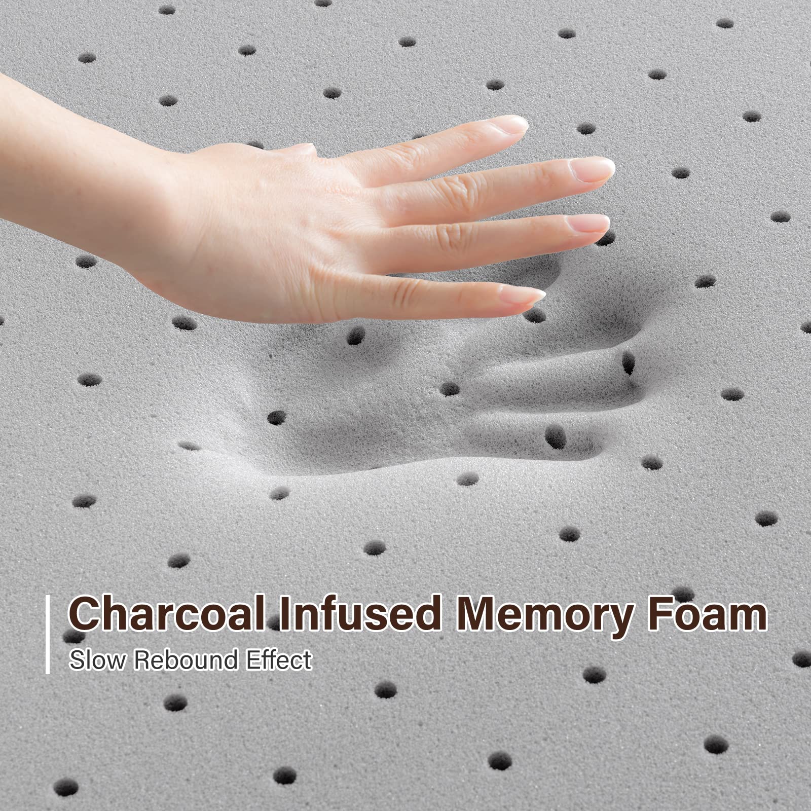 UniPon 3 Inch Memory Foam Mattress Topper King Cooling Mattress Topper Charcoal Infused Bed Topper with Tencel Fiber Ingredient Removable Cover