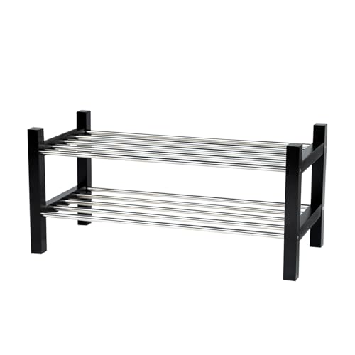 ARROWSTONE Black Shoe Rack 2 Tier, Solid Acacia Wood, 31" W Entryway Free Standing Shoe Rack, Stainless Steel Stackable Shoe Organizer for Front Door, Bedroom, Living Room, Bathroom