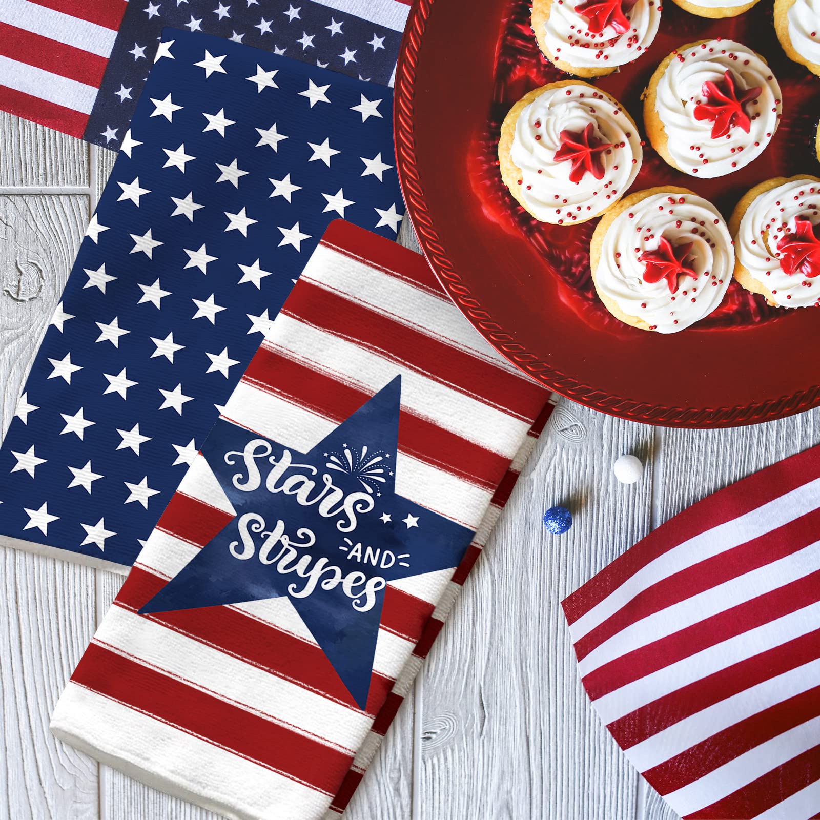 AnyDesign 4th of July Kitchen Dish Towel 18 x 28 In Independence Day American Flag Stars Stripe Dishcloth Red Blue White Cloth Tea Towel Decorative Hand Towel for Bathroom Kitchen Cooking Baking, 2Pcs